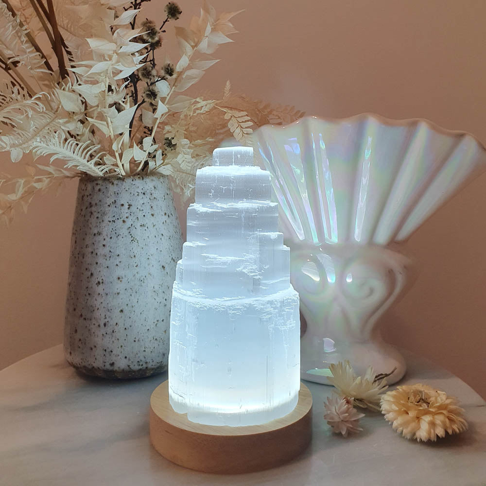 Selenite Lamp Mini 15cm with LED Base – Northern Sky