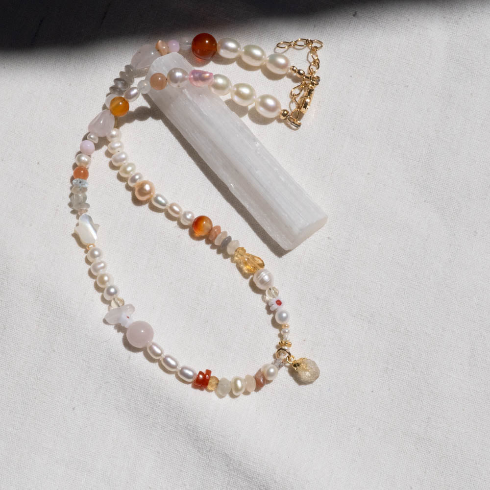 'Sunsets' Citrine, Carnelian & Rose Quartz Beaded Pearl Necklace ...